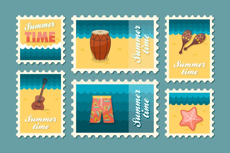 Summertime stamp set flat stock vector. Illustration of holiday - 60372662