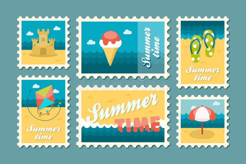 Summertime stamp set flat stock vector. Illustration of marine - 60372753