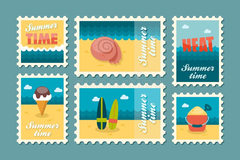 Summertime stamp set flat stock vector. Illustration of beach - 60372762