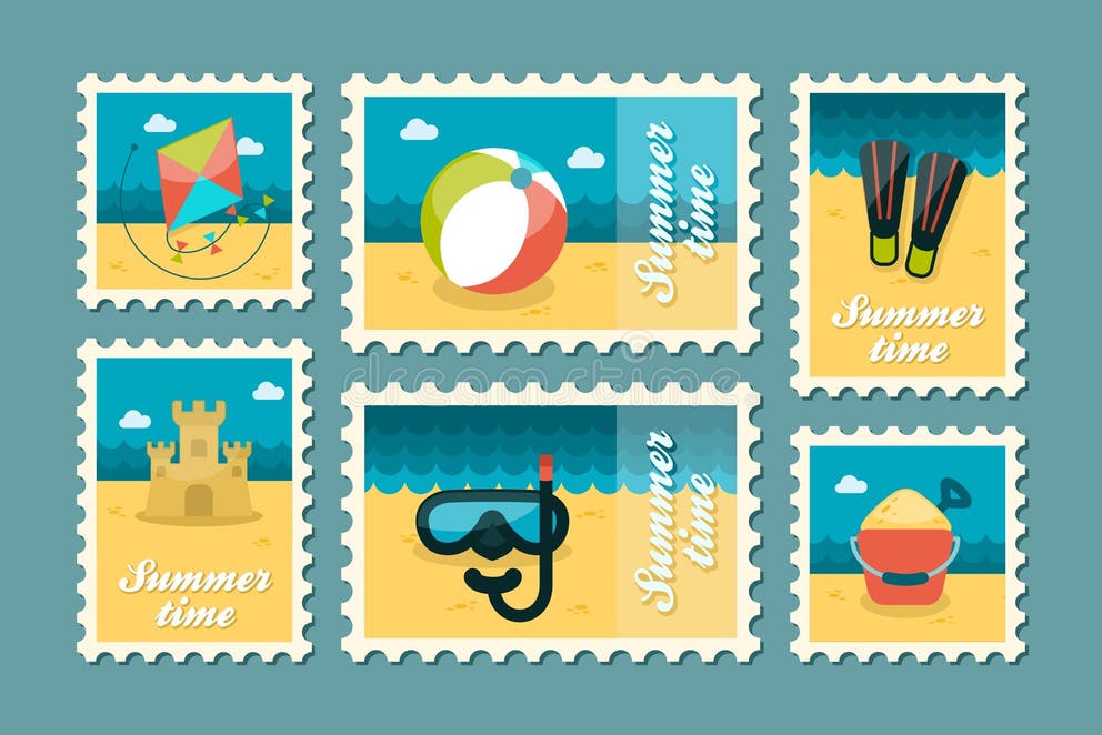 Summertime stamp set flat stock vector. Illustration of holiday - 60373088