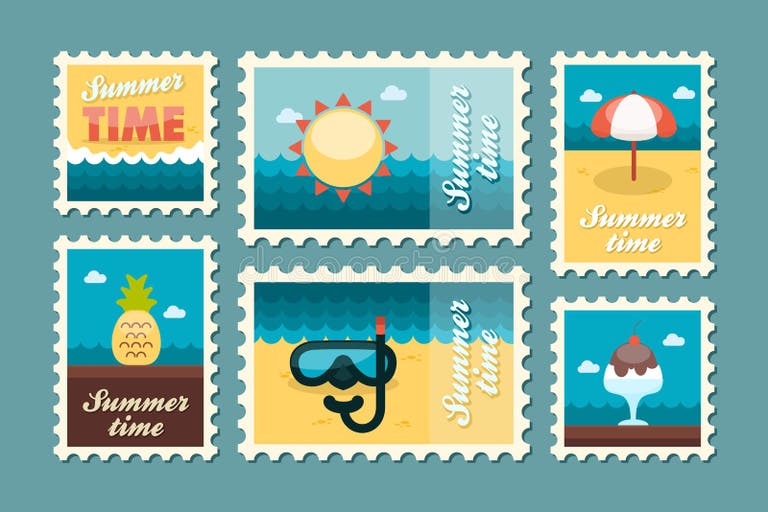 Summertime stamp set flat stock vector. Illustration of relax - 60373089