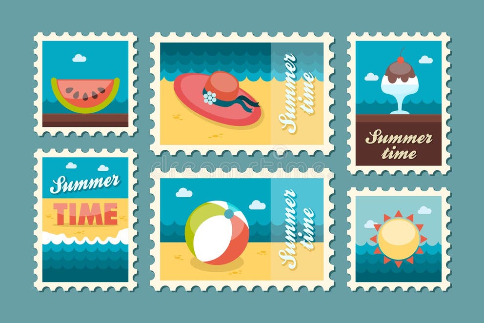 Summertime stamp set flat stock vector. Illustration of ball - 60373118