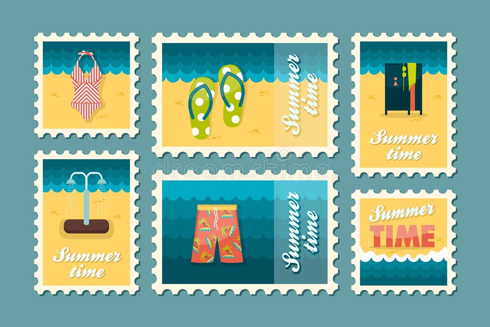 Summertime stamp set flat stock vector. Illustration of travel - 60373387