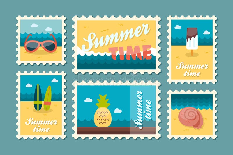 Summertime stamp set flat stock vector. Illustration of cream - 60373522