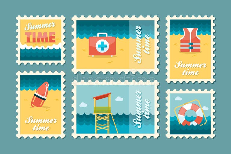 Summertime stamp set flat stock vector. Illustration of letter - 60373750