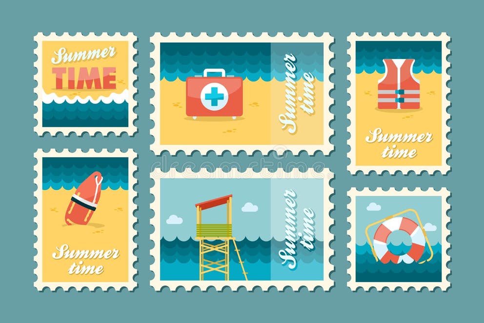 Summertime stamp set flat stock vector. Illustration of letter - 60373750