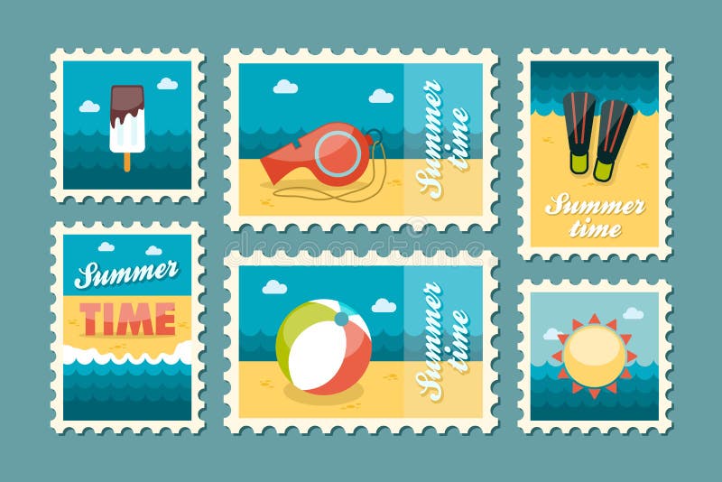 Summertime stamp set flat stock vector. Illustration of letter - 60373887