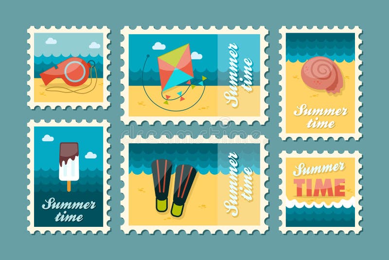 Summertime stamp set flat stock vector. Illustration of marine - 60373943