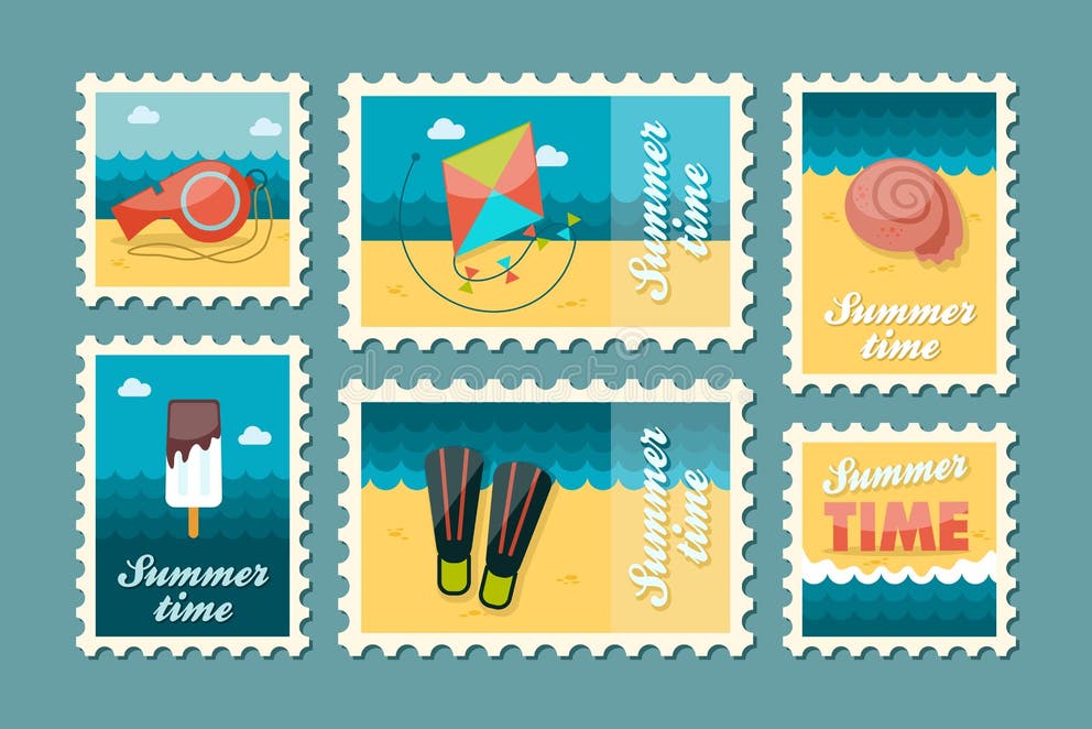 Summertime stamp set flat stock vector. Illustration of marine - 60373943