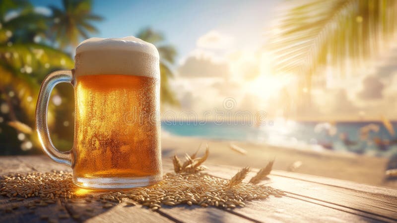 Summery Beach Scene with Cold Beer on Wooden Table during Sunset Stock ...