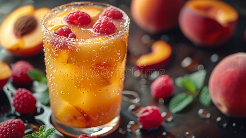 A Summery Glass of Peach Raspberry Juice, Topped with Raspberries and a ...