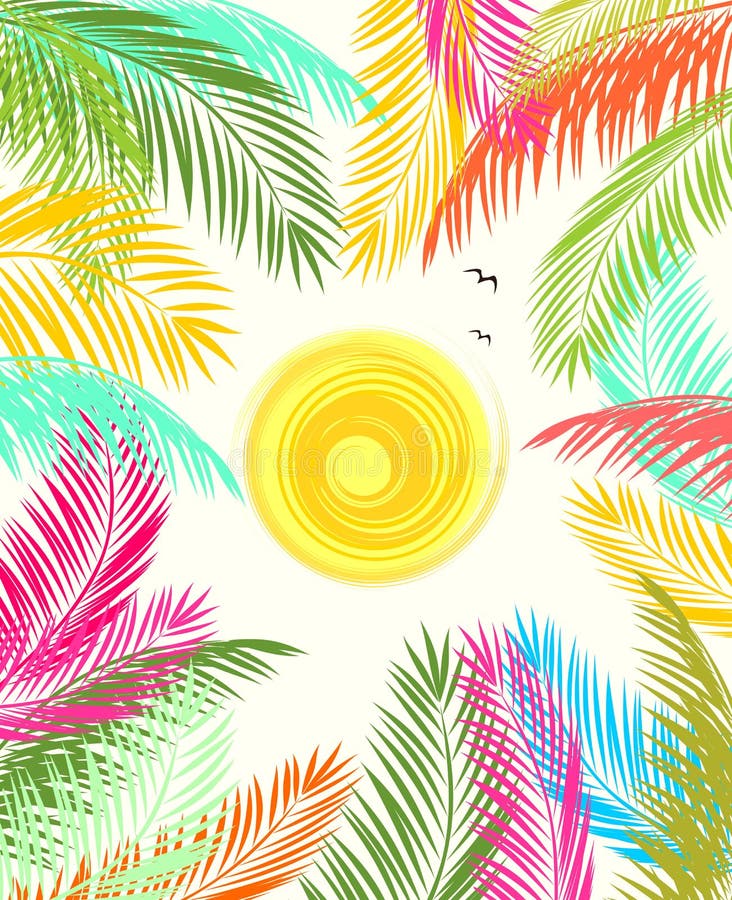 Summery Poster with Colorful Palm Leaves and Sun Stock Vector ...