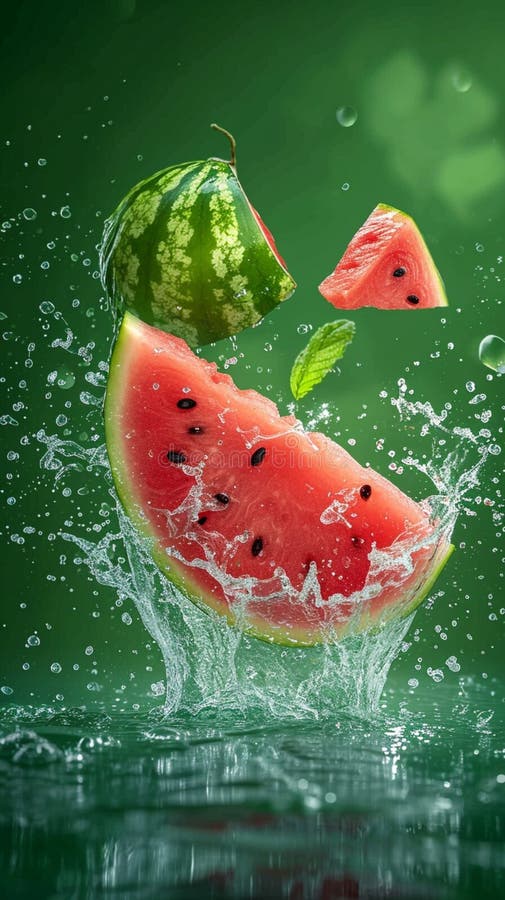 Summery Splash Watermelon Gets a Refreshing Splash on a Green Background Stock Illustration ...