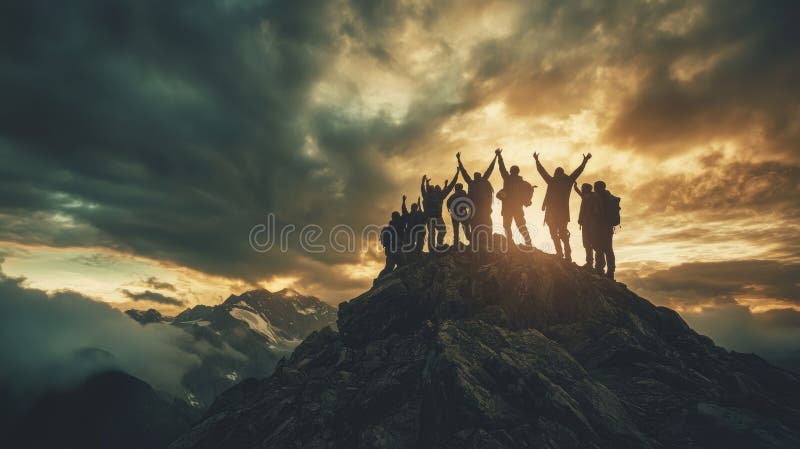 Summit Celebration. Silhouettes on a Mountain Summit, Joy of a Team ...