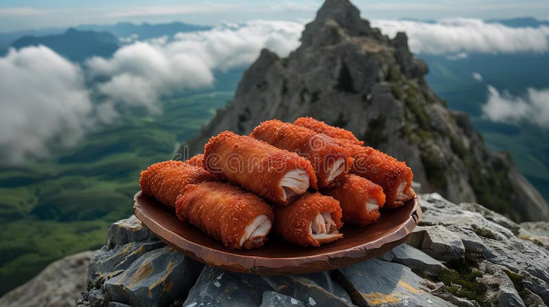 Summit Feast: Chicken Rolls Above the Clouds Stock Illustration ...