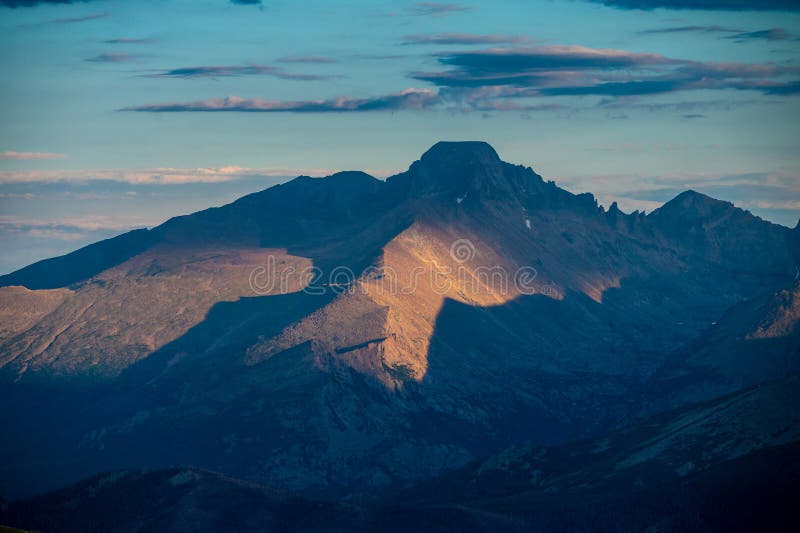 The Summit of Longs Peak Hidden in Shadow Stock Image - Image of sunset ...