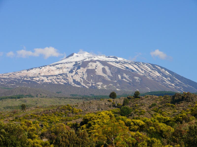 Snow-Capped Summit of Mount Etna with Verdant Foothills, Sicily Stock ...