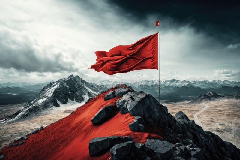 Summit with Red Flag and Panoramic View of the Surrounding Landscape ...
