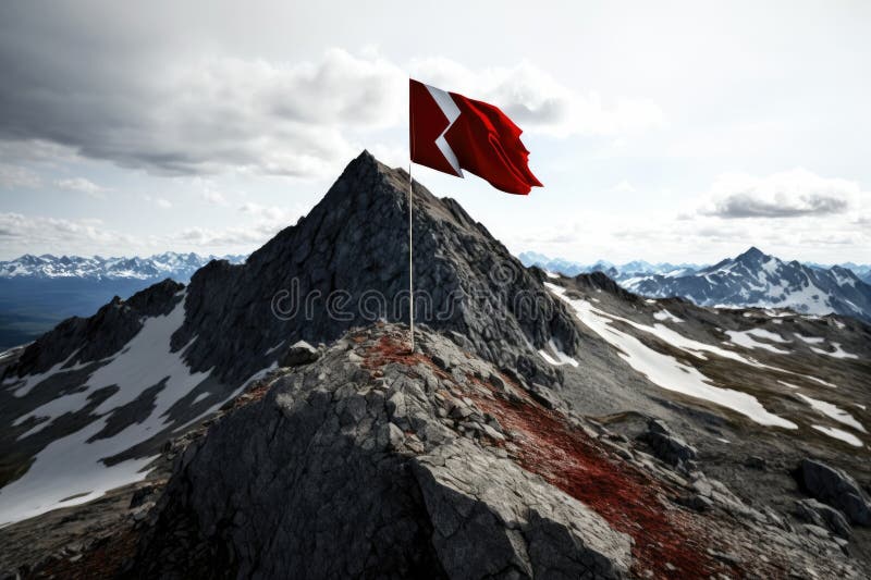 Summit with Red Flag and Panoramic View of the Surrounding Landscape ...