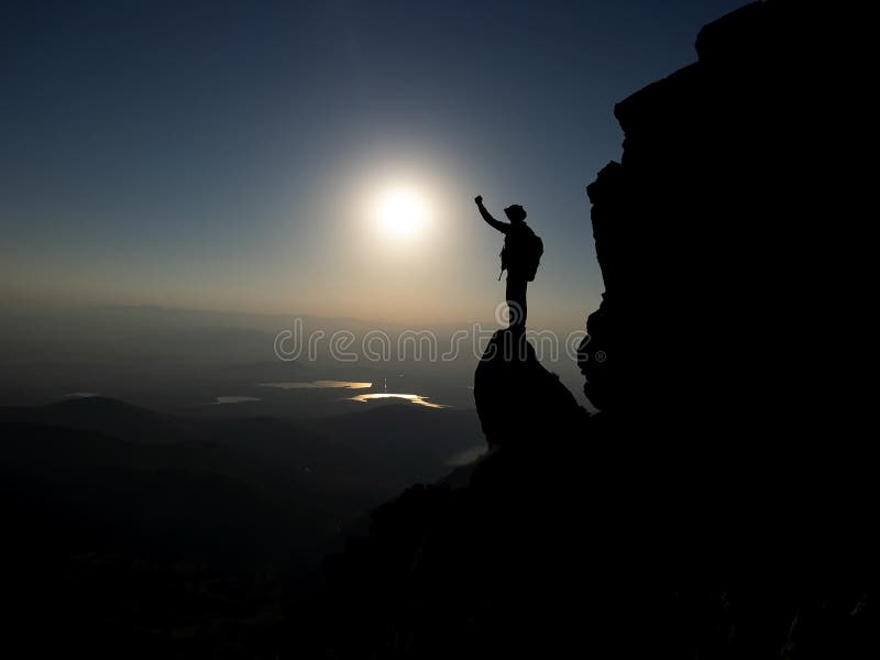 Summit Success of Adventurous Mountaineer in Risky Places Stock Photo ...