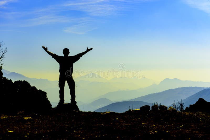 Success Silhouette on Mountaintop Stock Image - Image of hill, hands ...