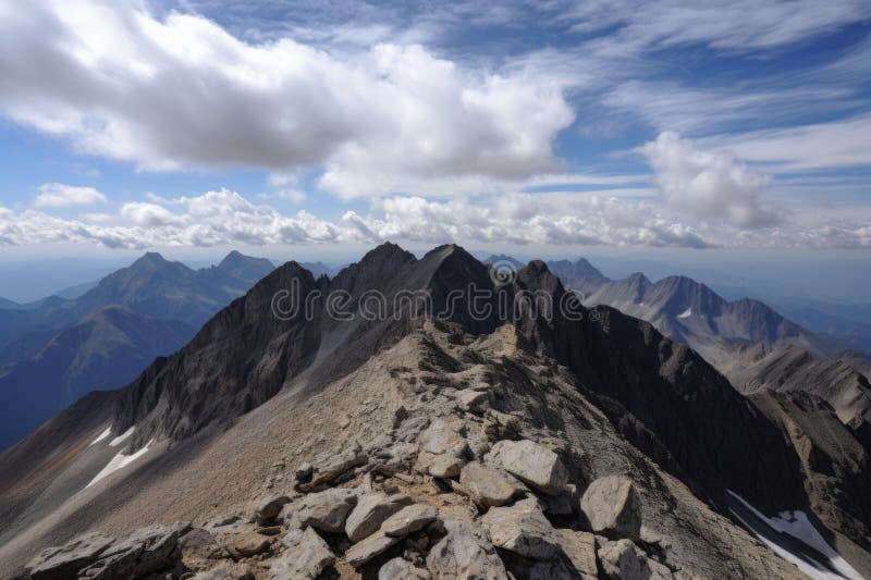 Summit View, with Clouds and Blue Sky Above and Below, of Mountain ...