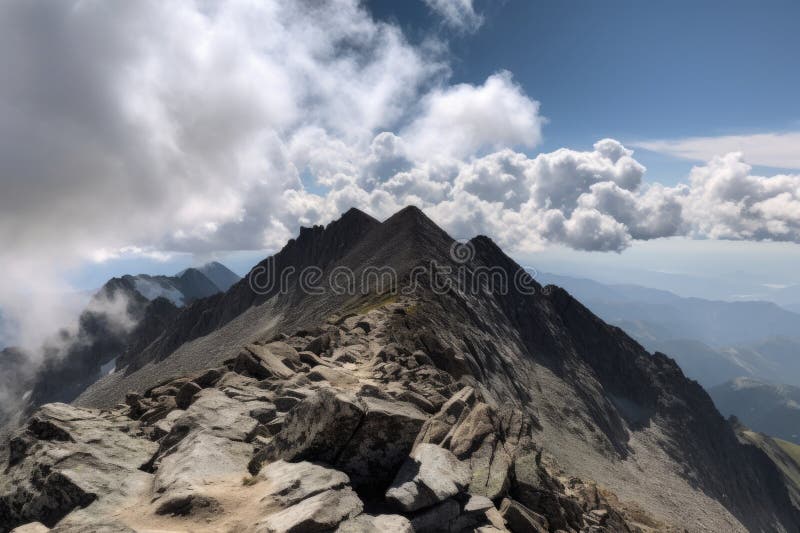 Summit View, with Clouds and Blue Sky Above and Below, of Mountain ...