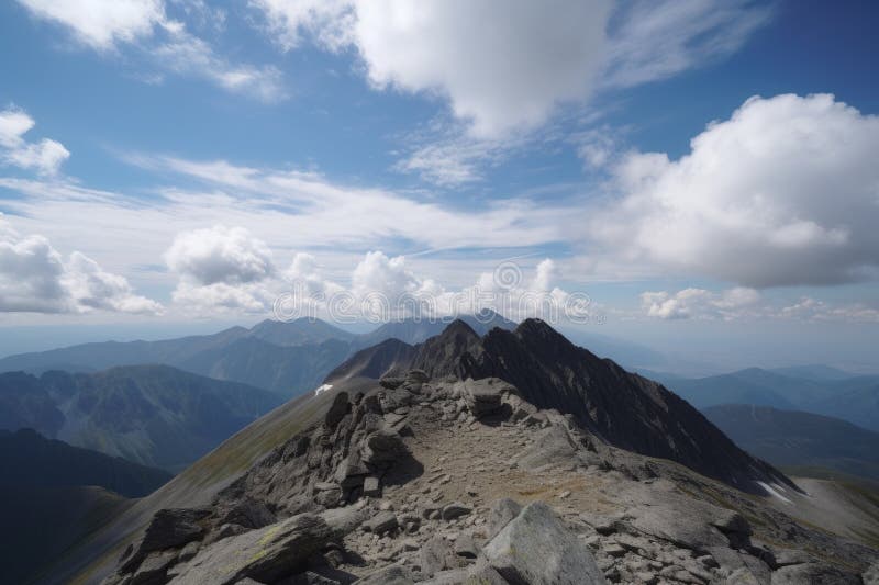 Summit View, with Clouds and Blue Sky Above and Below, of Mountain ...