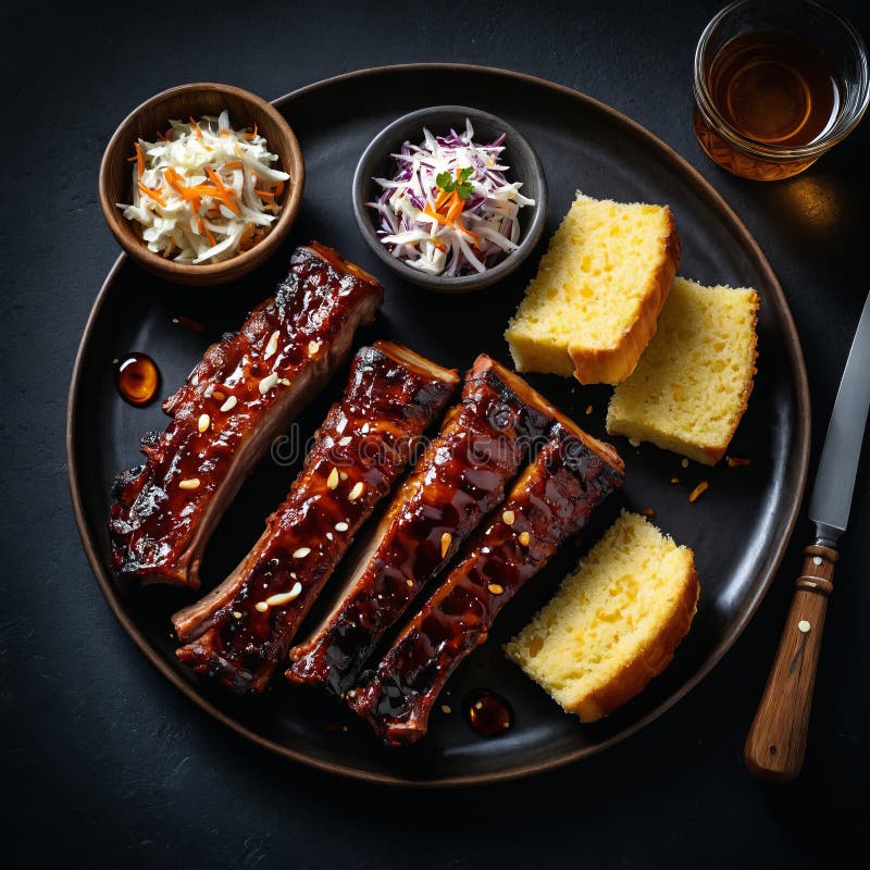Sumptuous Bbq Ribs with Coleslaw and Cornbread on Elegant Black Plate ...