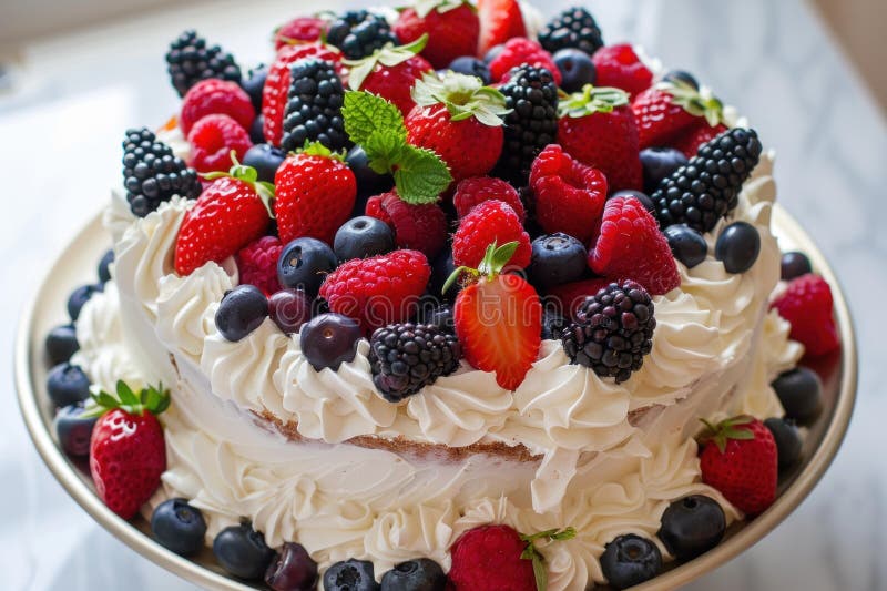 Fresh Berry Topped Cream Cake on Display Stock Image - Image of party ...