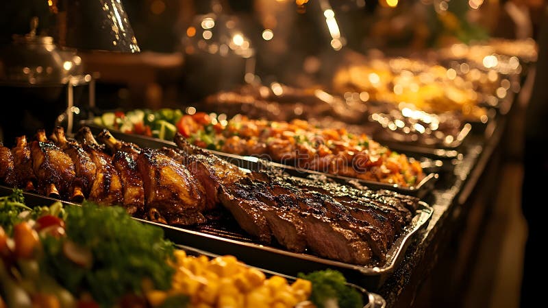 Sumptuous Feast on a Long Buffet Table with Various Dishes and Festive ...