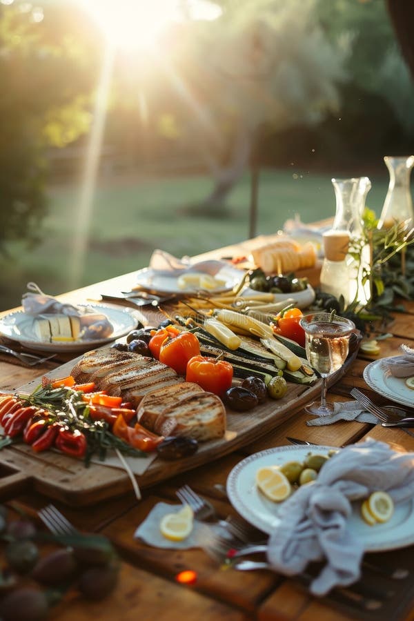 Sumptuous Outdoor Dining Spread with Grilled Veggies and Refreshments ...