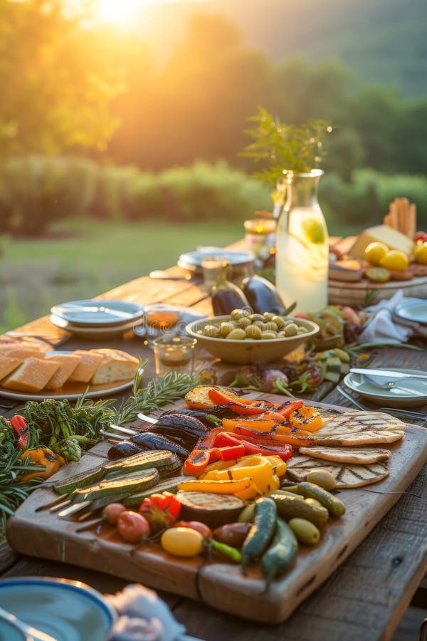 Sumptuous Outdoor Dining Spread with Grilled Veggies and Refreshments ...