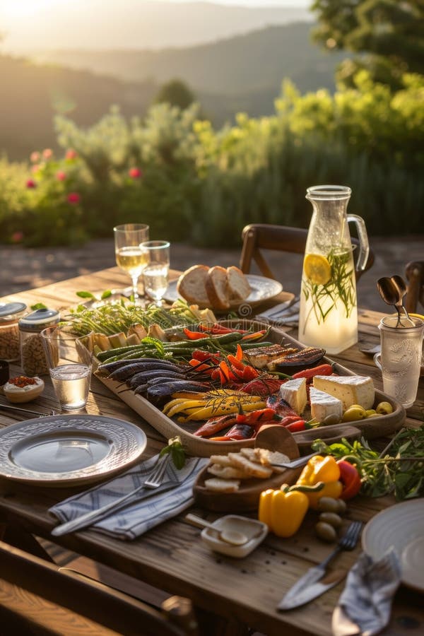 Sumptuous Outdoor Dining Spread with Grilled Veggies and Refreshments ...