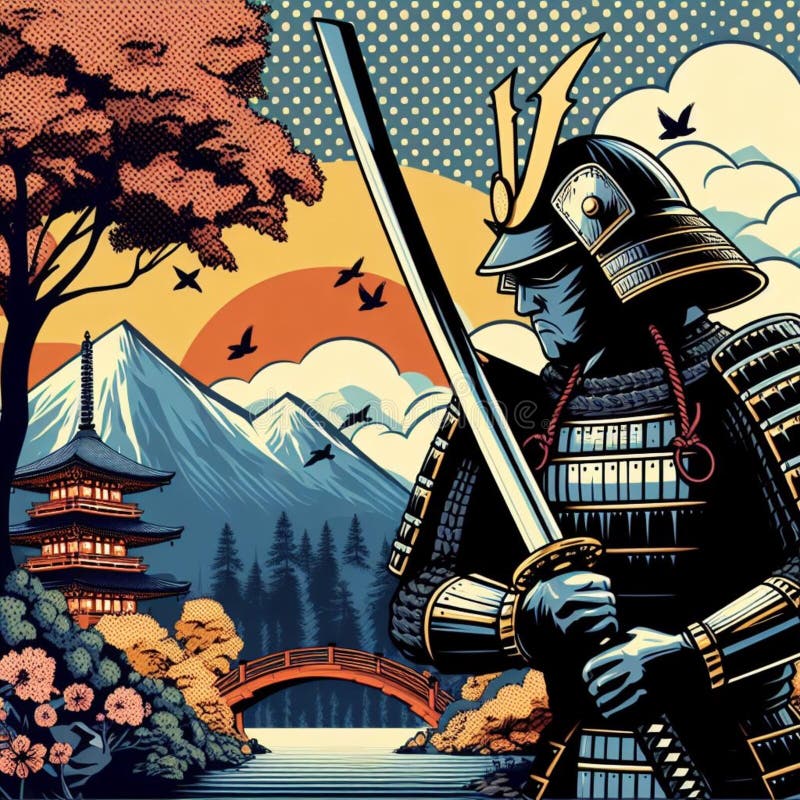 Sumurai in Pop Art Style with Nature on Background Stock Illustration ...