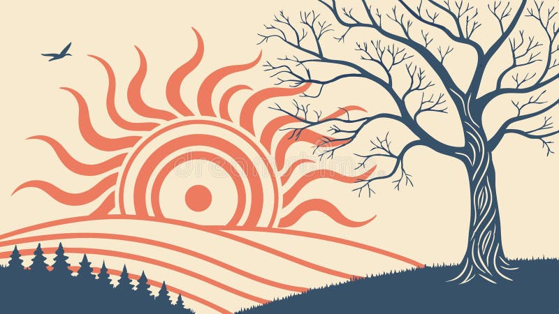 Sun and Bare Tree Art, Nature Cycle Seasonal Change Vector Design ...
