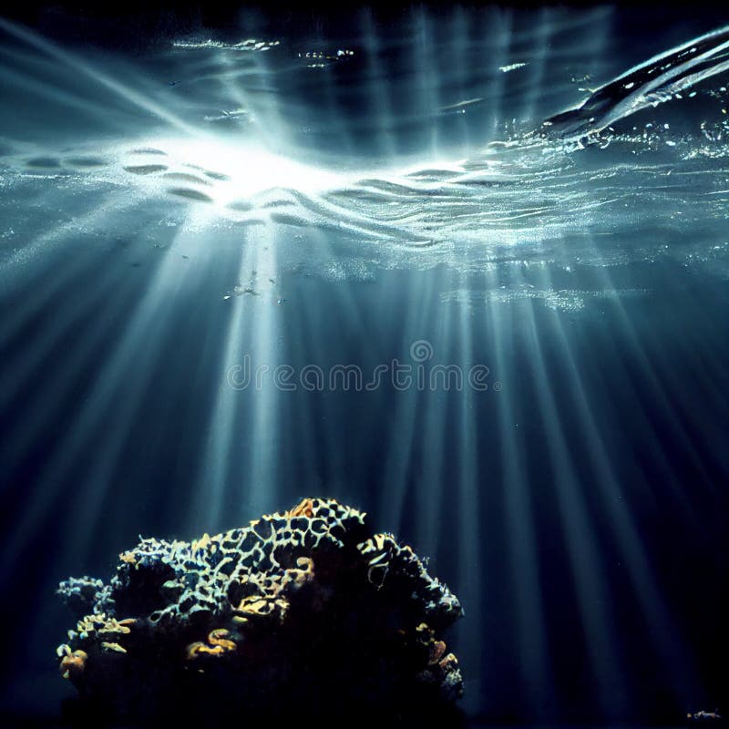 Sun Beams Go through Deep Blue Ocean Waters, Light Rays Underwater ...