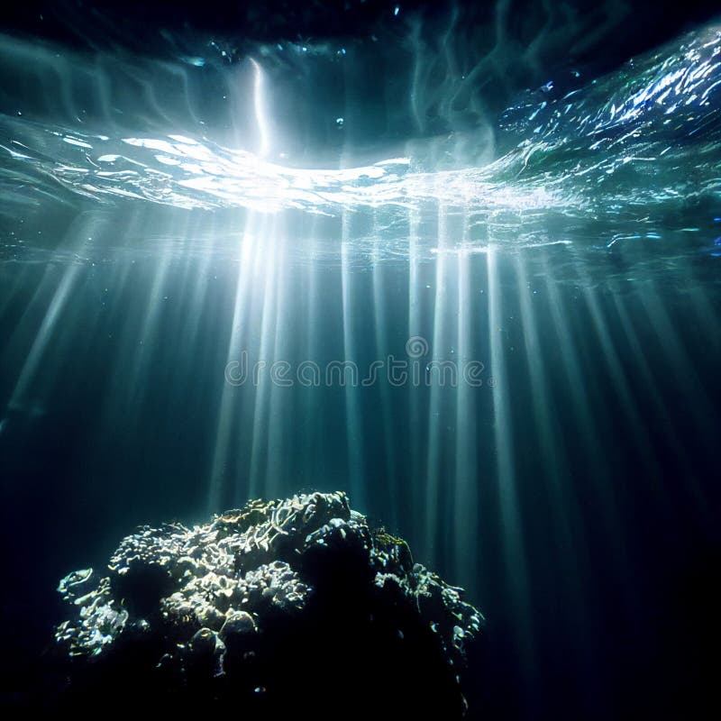 Sun Beams Go through Deep Blue Ocean Waters, Light Rays Underwater ...