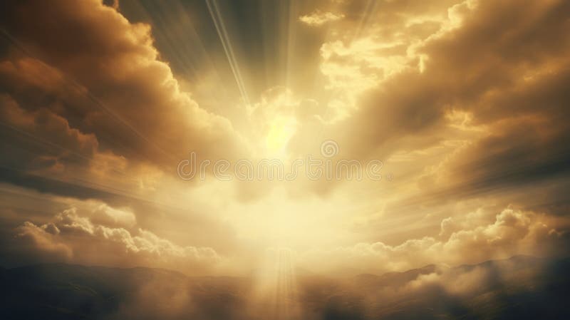 Sun Beams or Rays Breaking through the Dark Clouds at Sunset. Neural ...