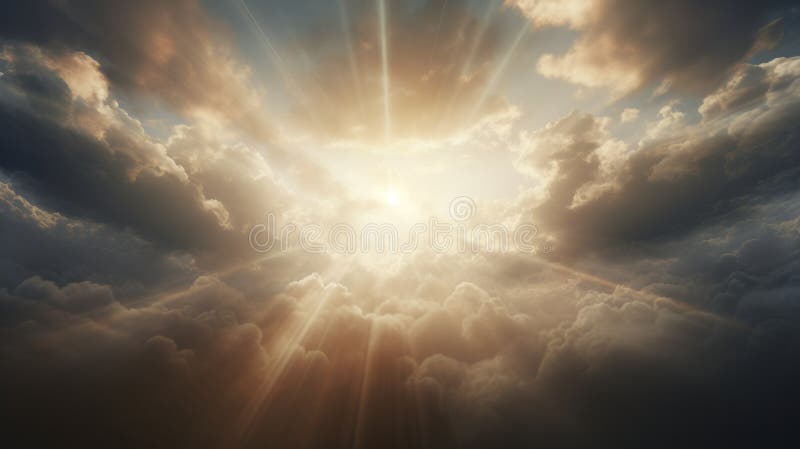 Sun Beams or Rays Breaking through the Dark Clouds at Sunset. Neural ...