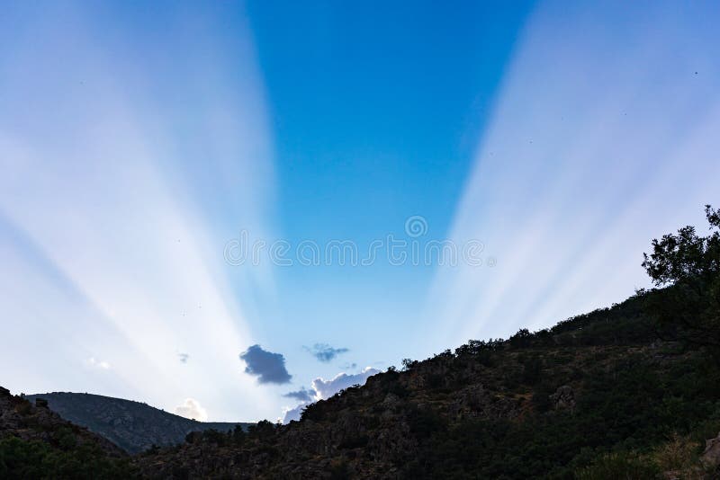Sun Beams in Sky at Sunset in a Mountain Stock Image - Image of summer ...