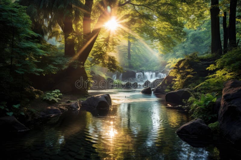 Sun Beams Streaming through Trees Onto a Secluded Natural Pool Stock ...