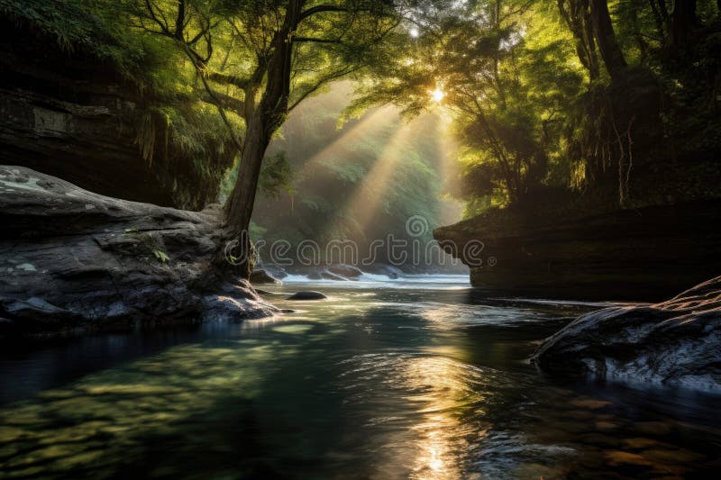 Sun Beams Streaming through Trees Onto a Secluded Natural Pool Stock ...