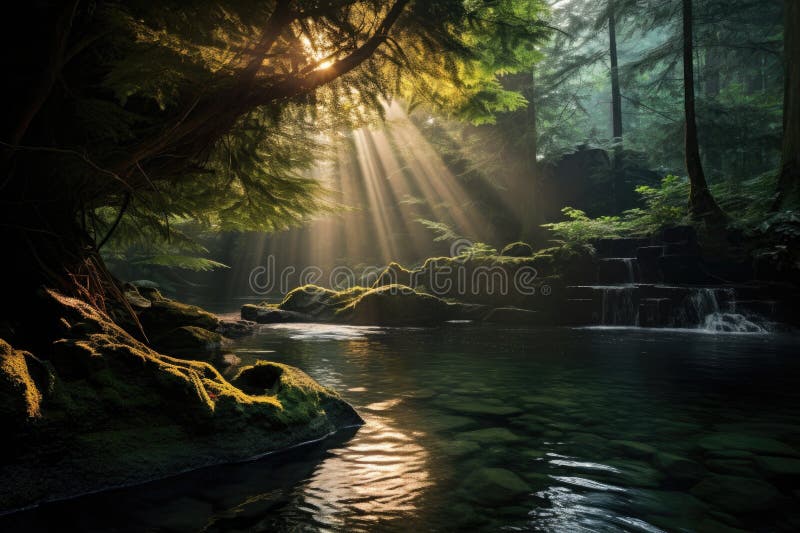 Sun Beams Streaming through Trees Onto a Secluded Natural Pool Stock ...