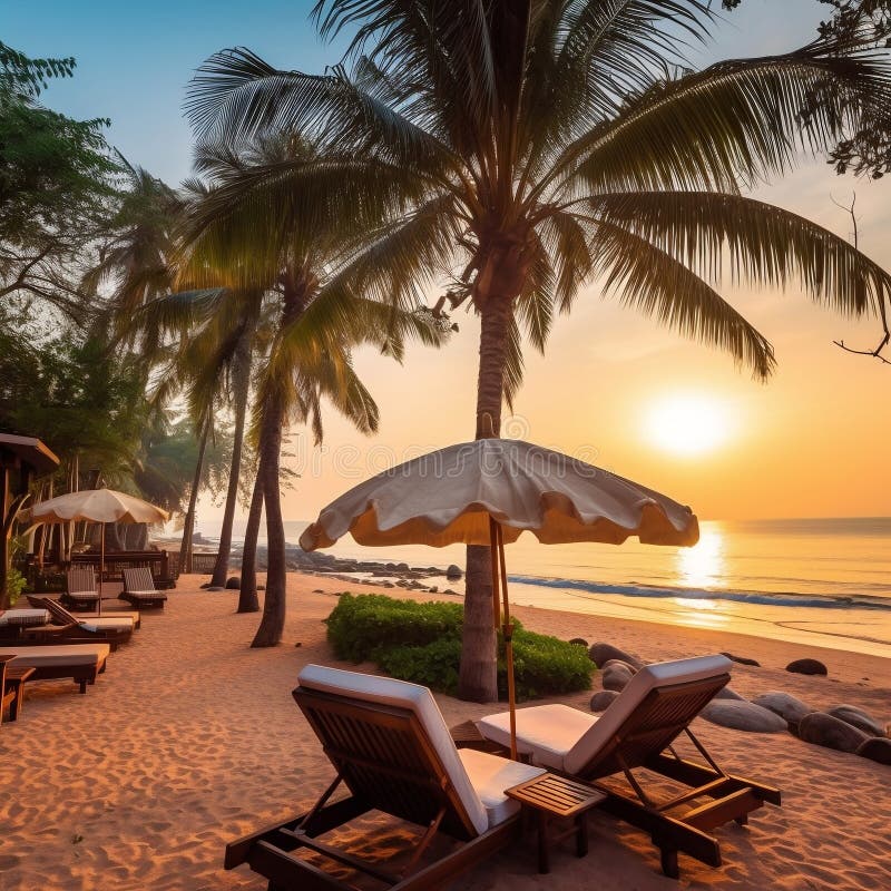 Sun Beds and Umbrella Under a Palm Tree. Generative AI Stock ...