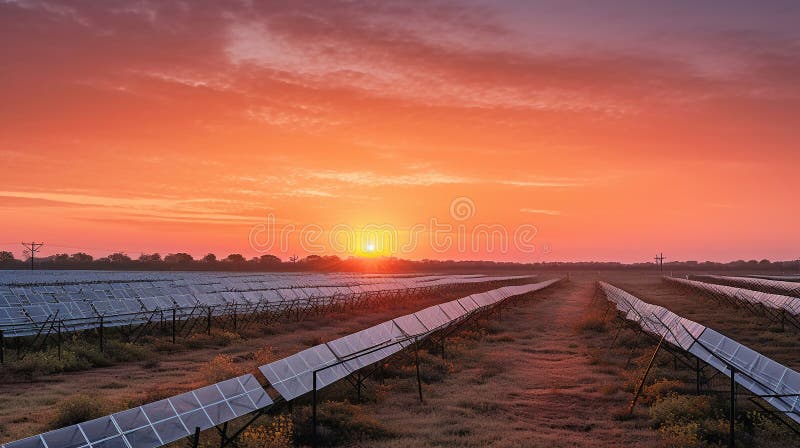 Sun Begins To Rise Over the Solar Farm. Generative Ai Stock ...