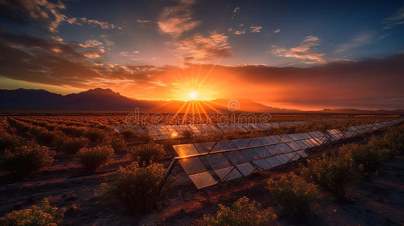 Sun Begins To Rise Over the Solar Farm. Generative Ai Stock ...