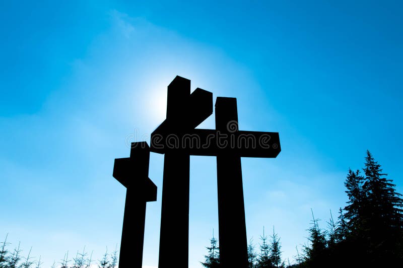 Sun Behind Three Catholic Crosses. Stock Image - Image of background ...