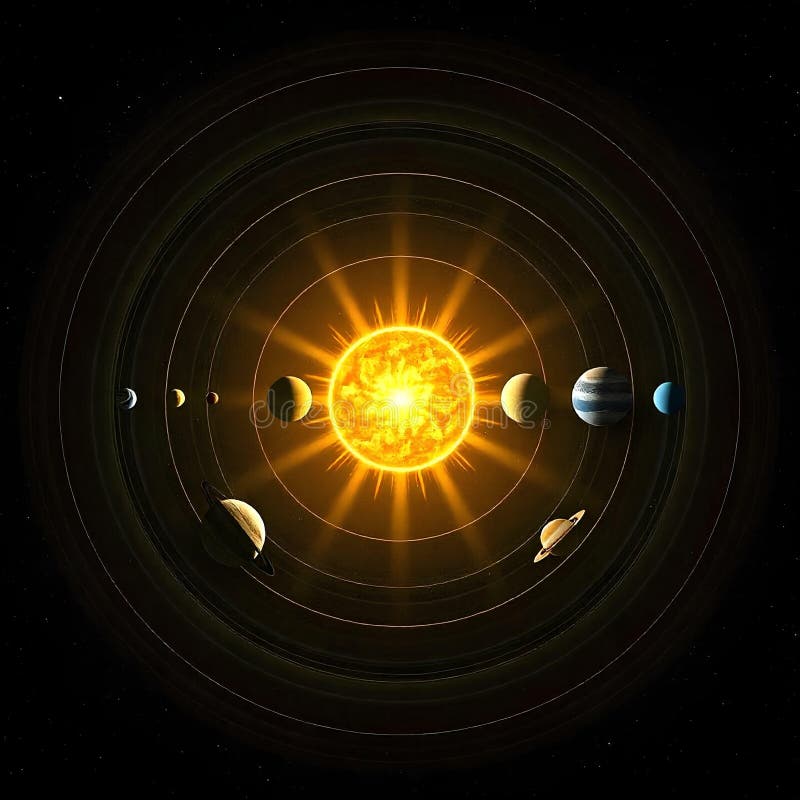 The Sun Being Orbited by Celestial Bodies Stock Illustration ...