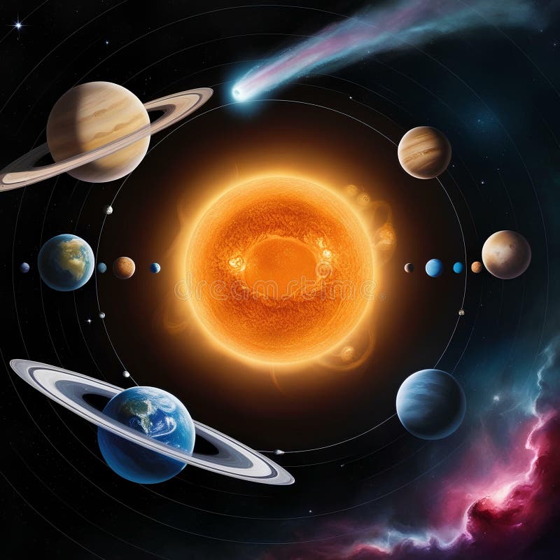 The Sun Being Orbited by Celestial Bodies Stock Illustration ...